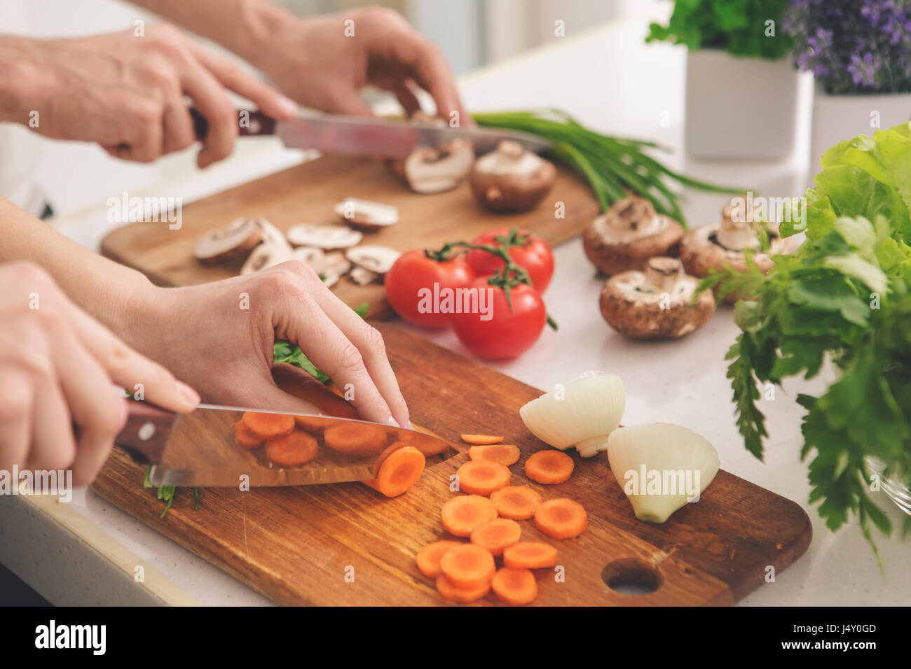 Family Cooking Meal Preparation Together Cutting Ingredients Stock ...