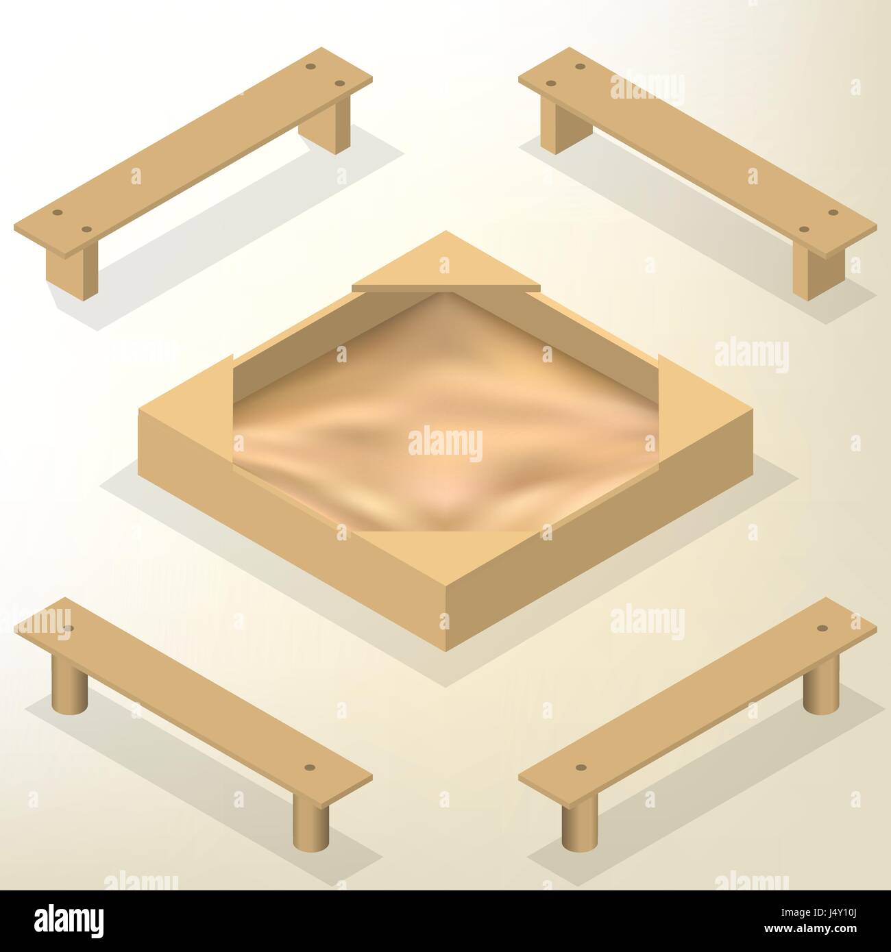 Sandbox with a set of wooden benches isolated on white background ...