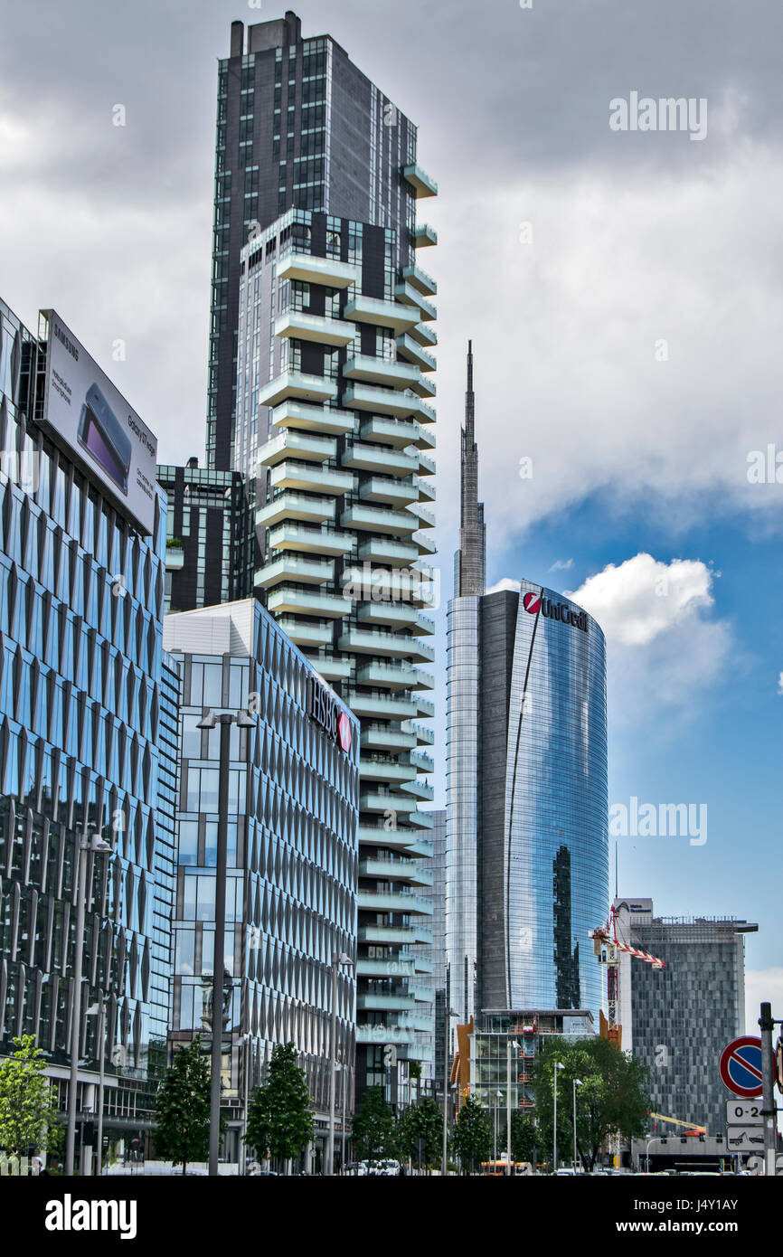 view on facades of modern buildings in milan downtown, with unicredit ...