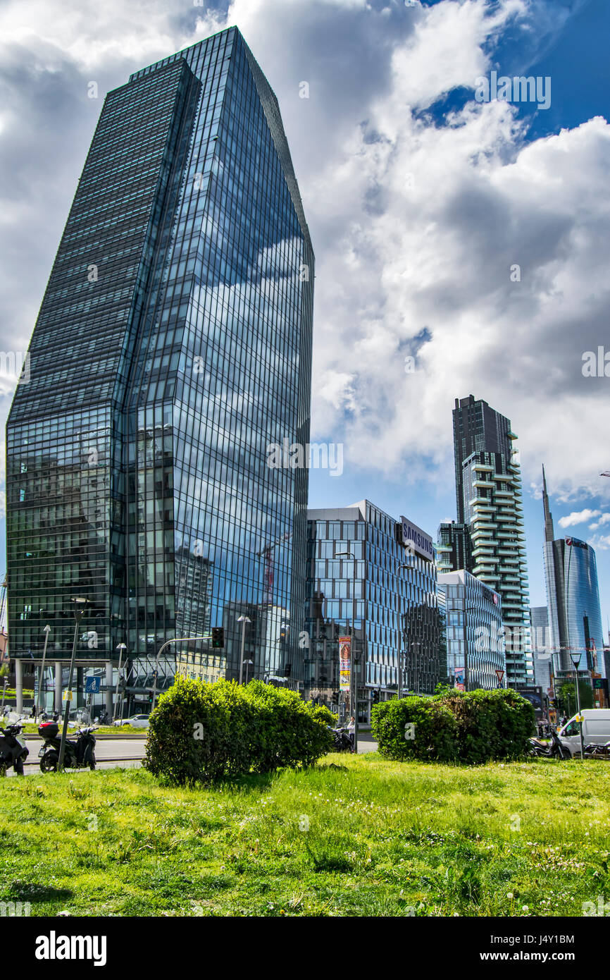 a view on modern architecture of diamond tower in Milan city. A glass ...