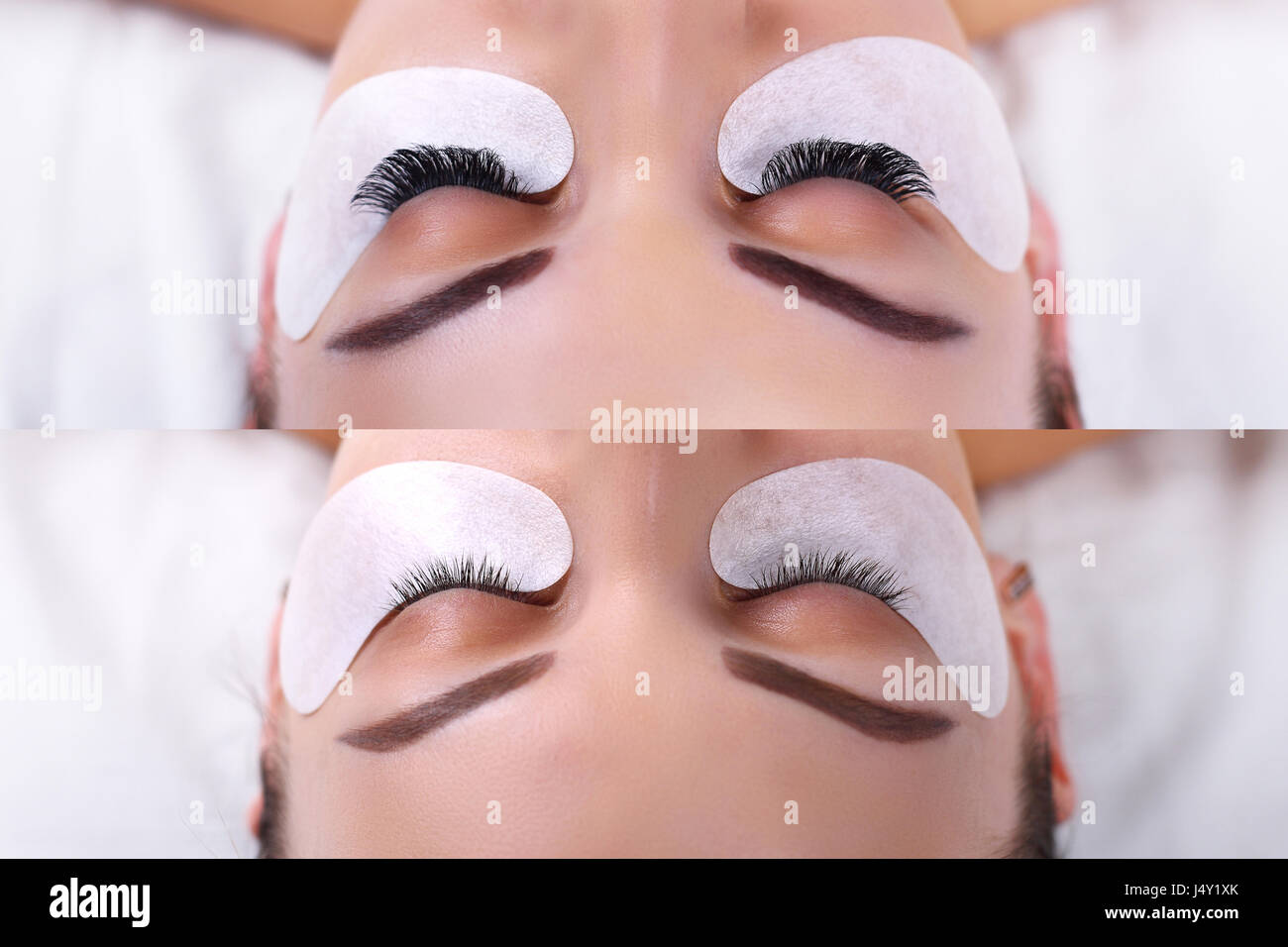 Eyelash Extension Procedure. Female eyes before and after Stock Photo ...