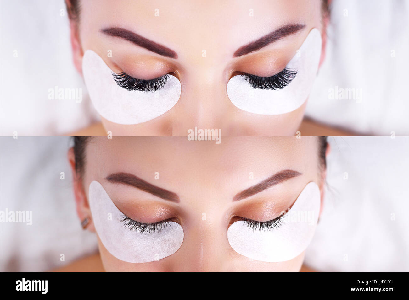 Eyelash Extension Procedure. Female eyes before and after Stock Photo ...