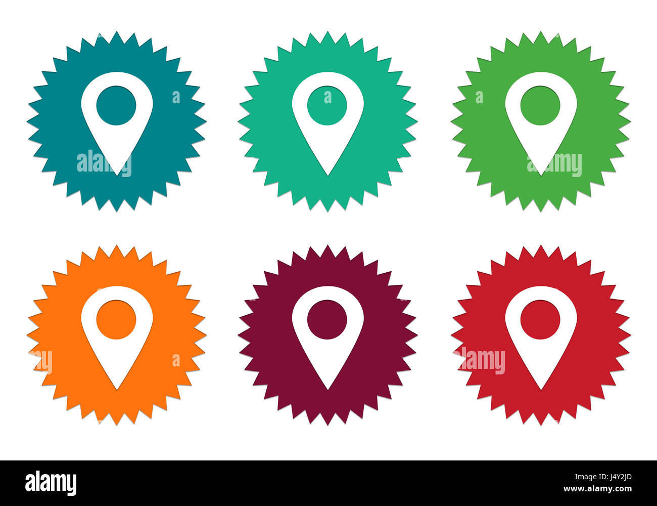 Set of colorful stickers icons with markers on maps in blue, green ...