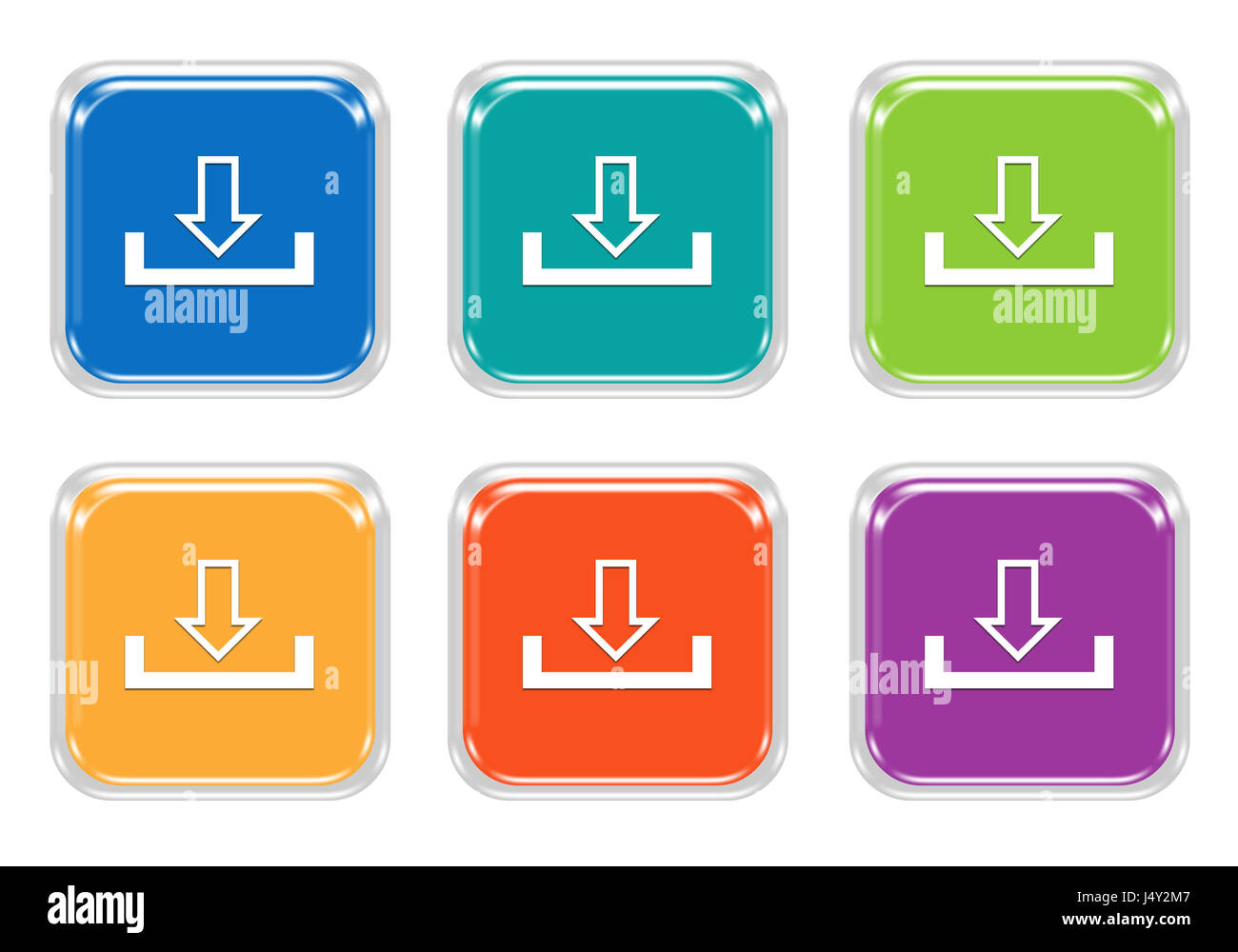 Set of squared colorful buttons with download symbol in blue, green ...