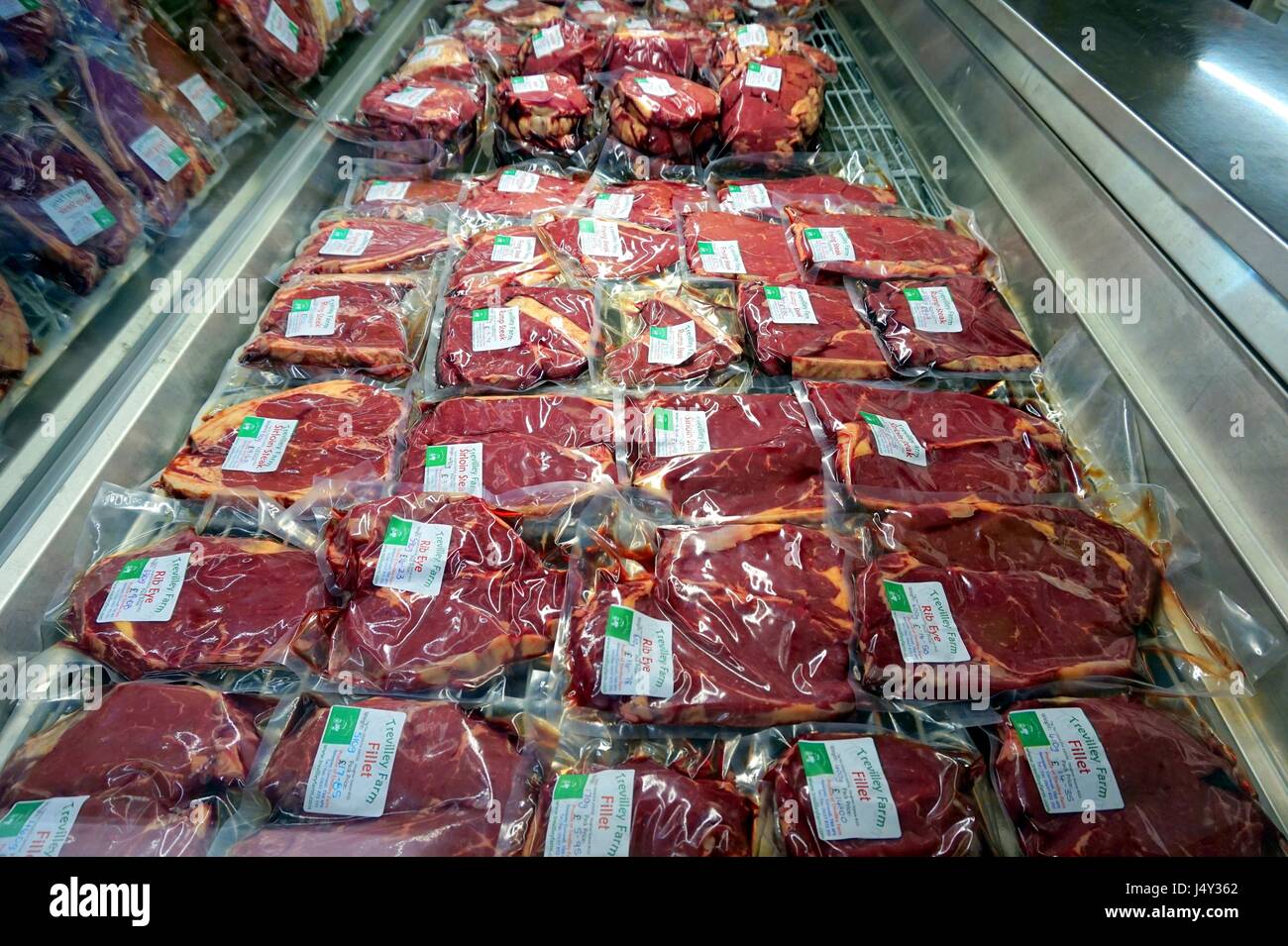 Cornwall, England, UK - April 7th 2017: Selection of beef steak in a ...