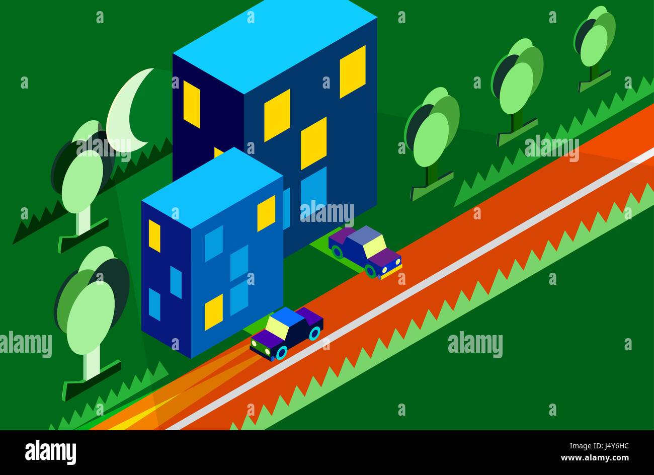 Isometric night city urban street view vector illustration. City ...