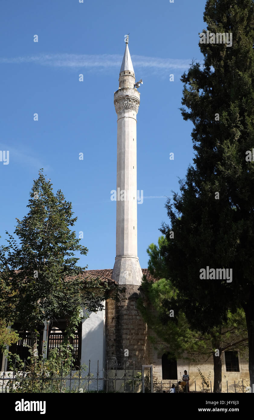 Minaret of mosque in old town Berat known as the White City of Albania ...
