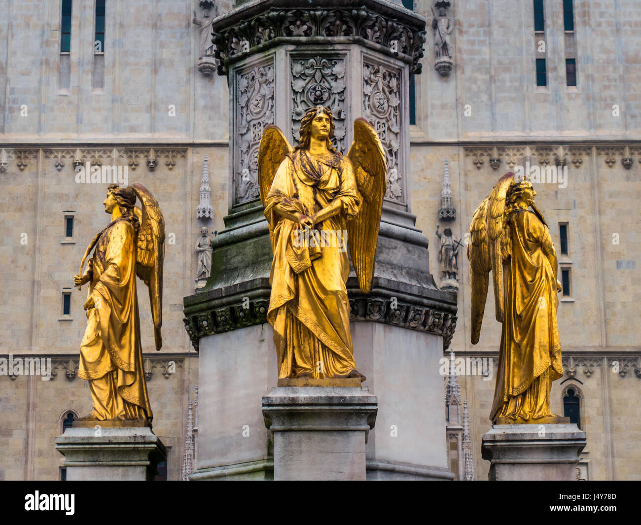 Golden statues in front of the Zagreb Cathedral in Zagreb, Croatia ...
