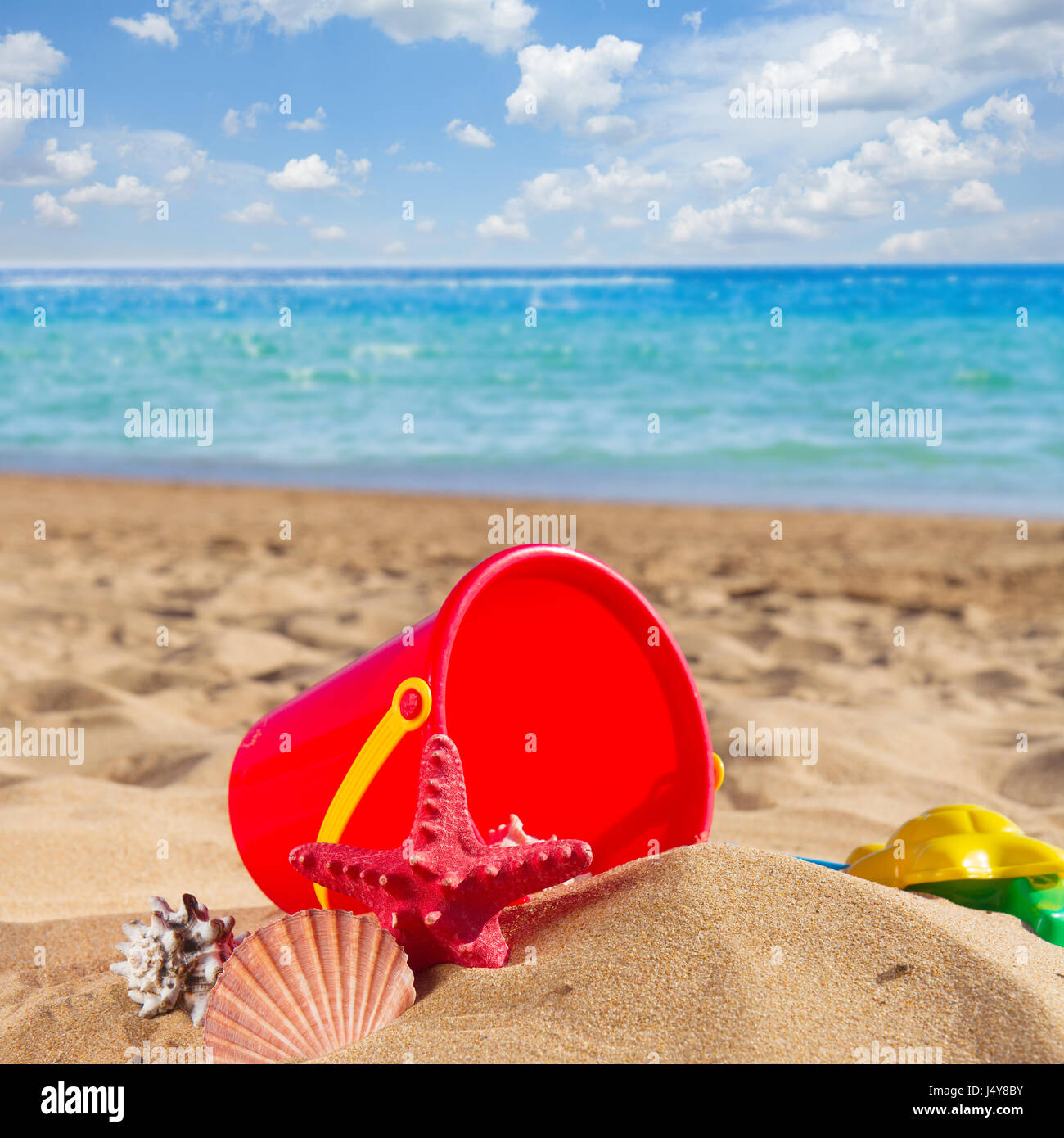bucket with seashells in sand on sea shore at sunny summer day Stock ...