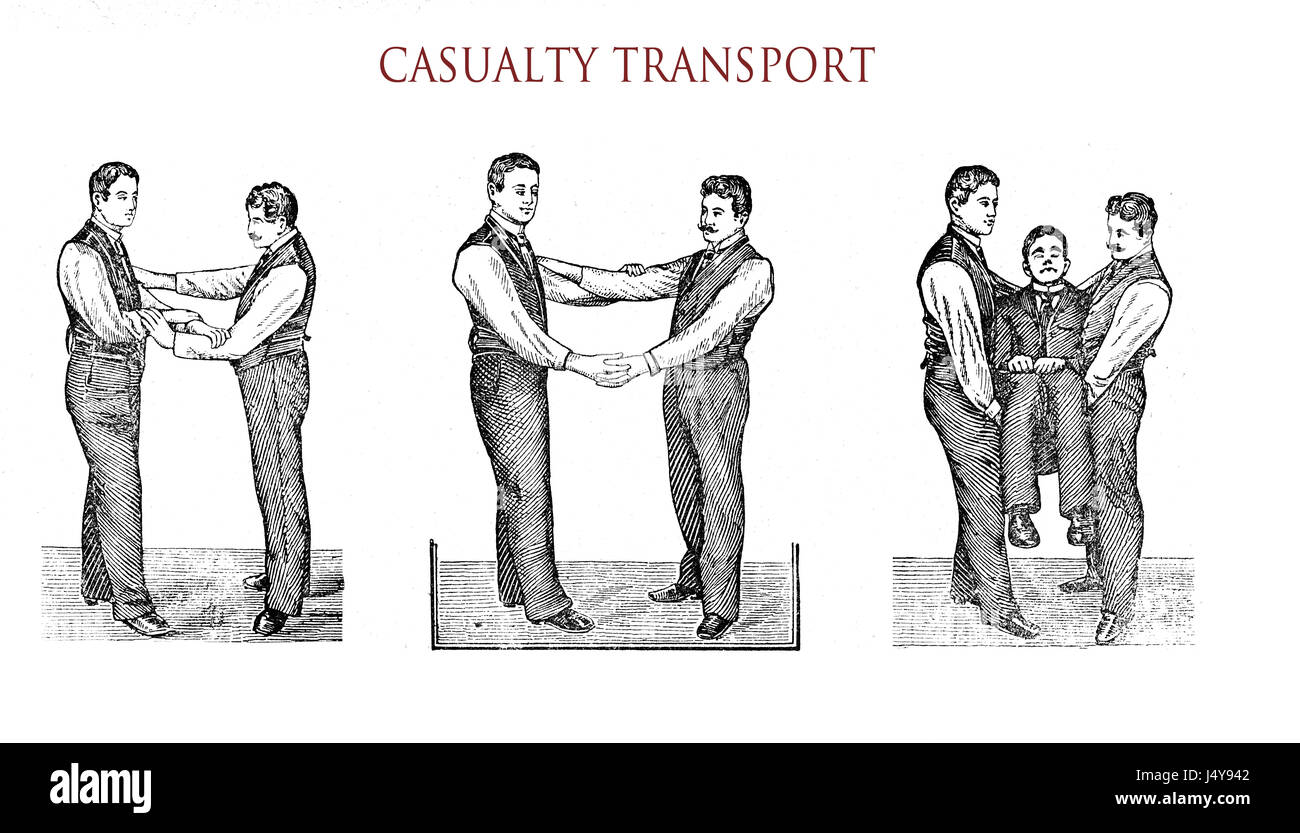 vintage illustration, how to transport a casualty by hand Stock Photo ...