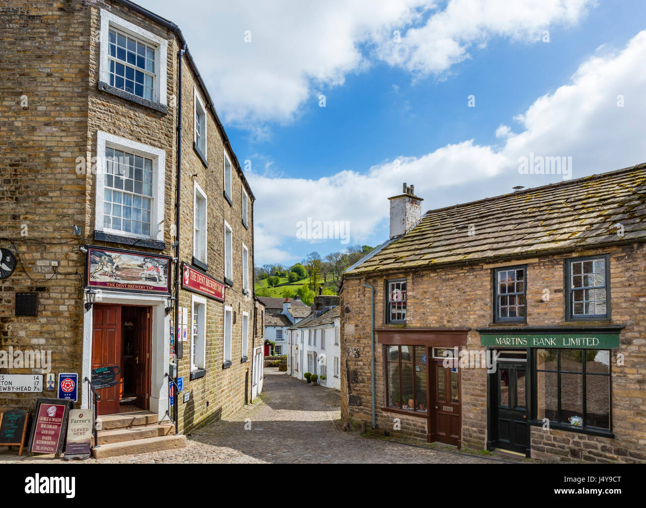 Cobbled street in the traditional English village of Dent, Dentdale ...