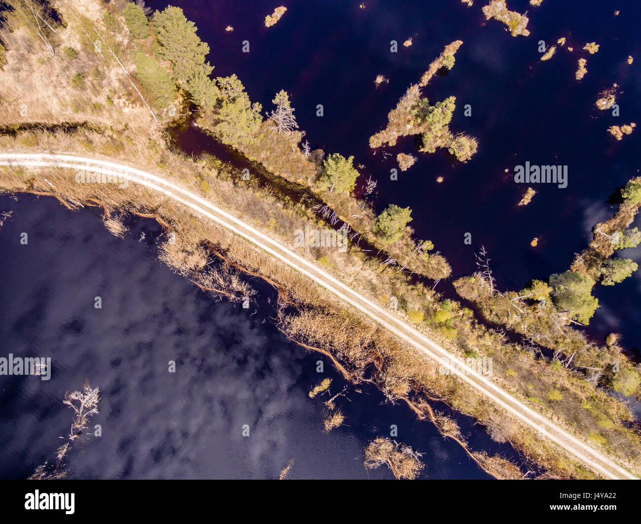 drone image. aerial view of rural area with swamp lakes with blue water ...