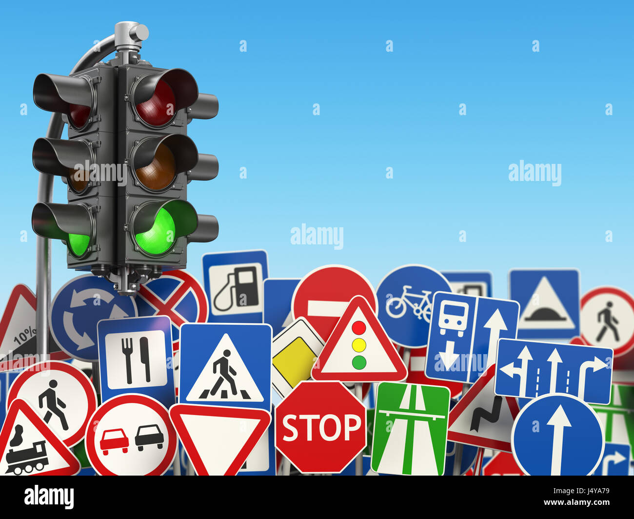Traffic road signs on the sky background. 3d illustration Stock Photo ...