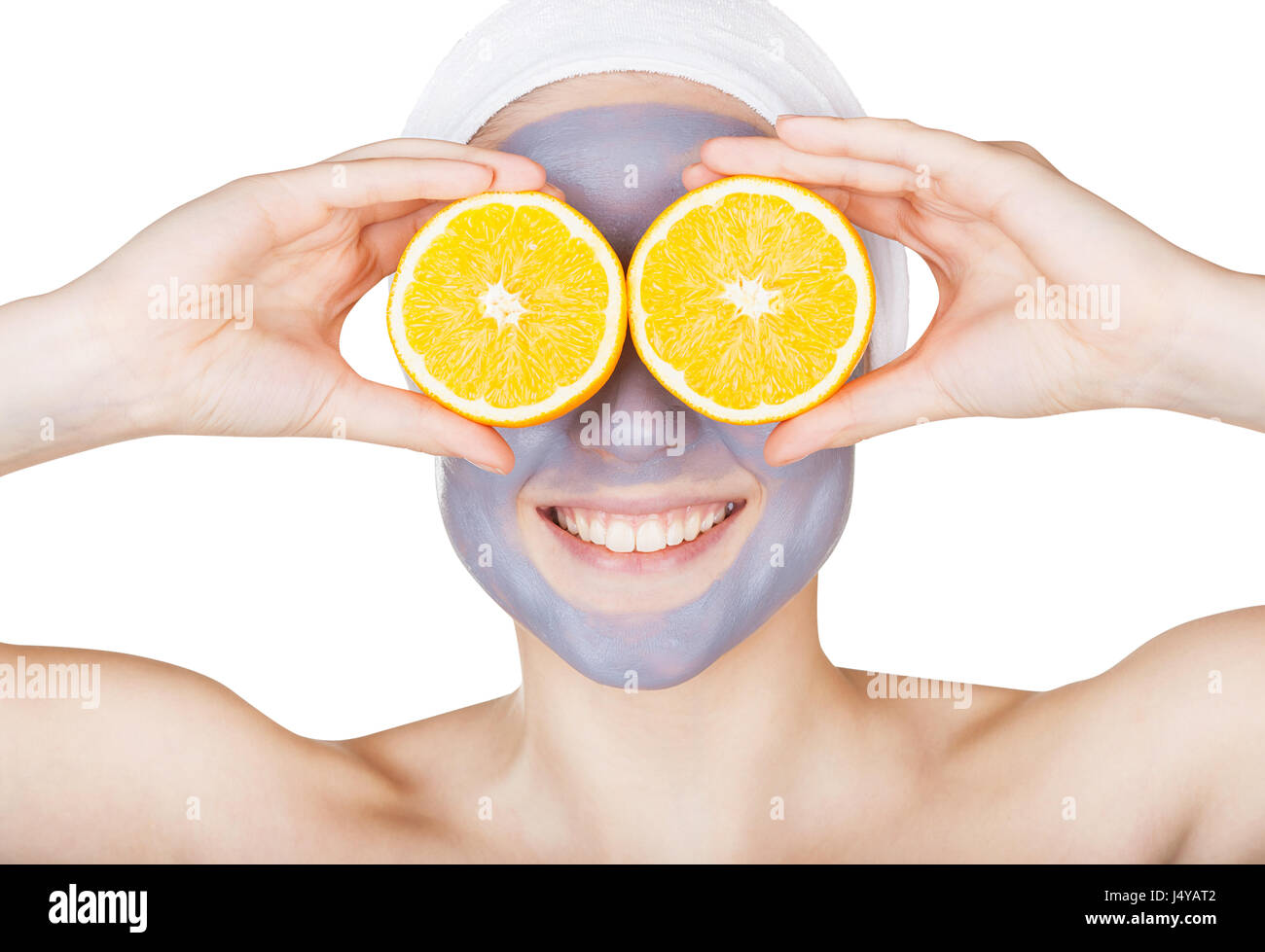 Beauty woman getting facial mask with orange isolated on white ...