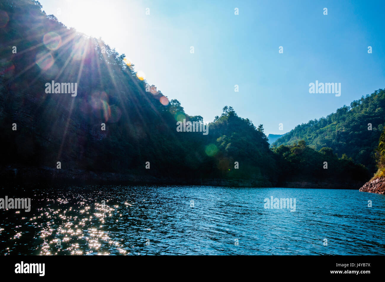 The reservoir scenery with blue sky in summer Stock Photo - Alamy