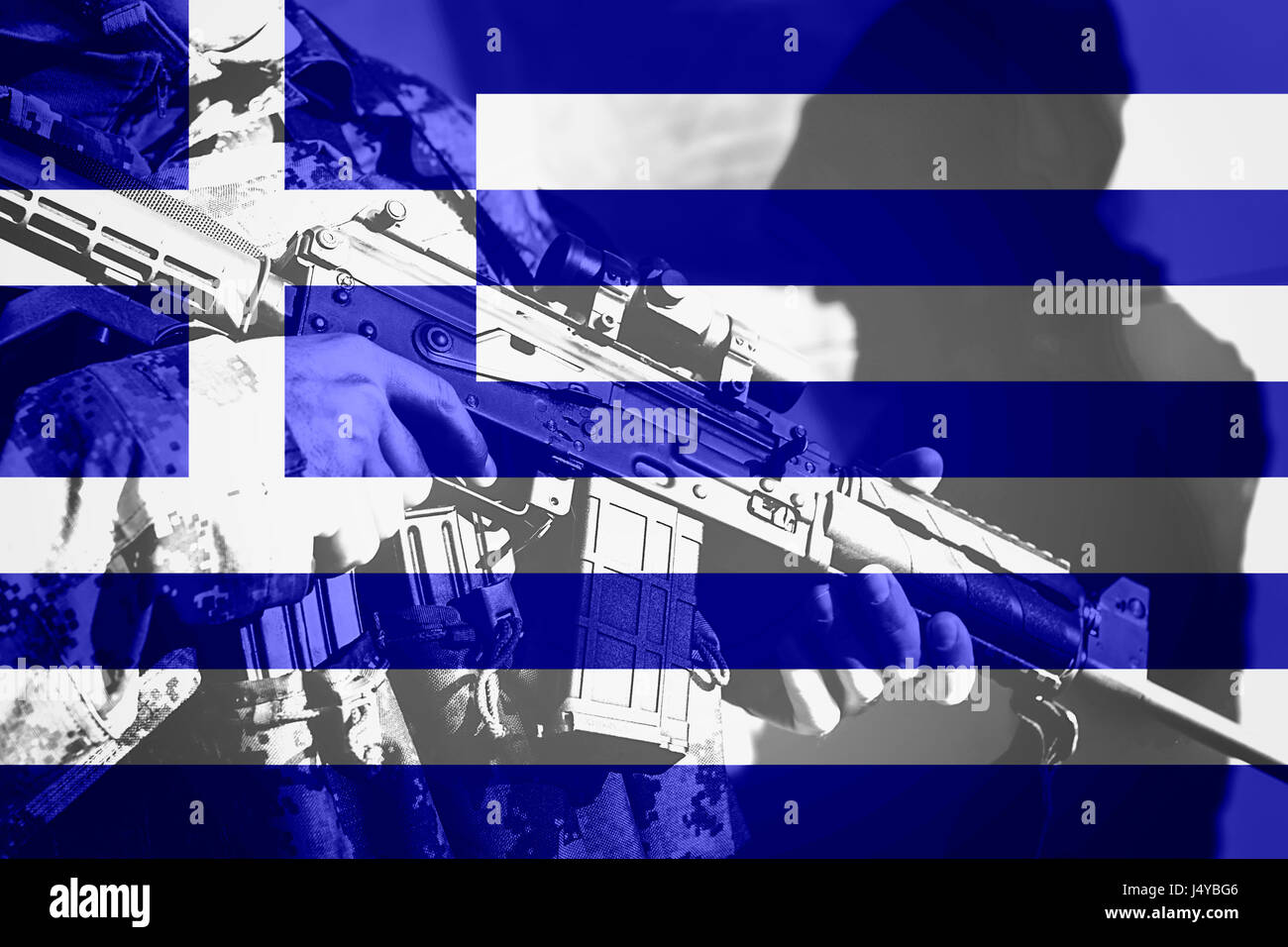 Soldier with machine gun with national flag of Greece Stock Photo - Alamy