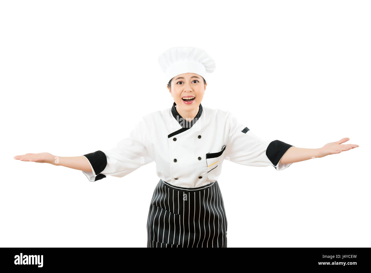 asian chinese cook or chef woman open her hand arms showing and ...