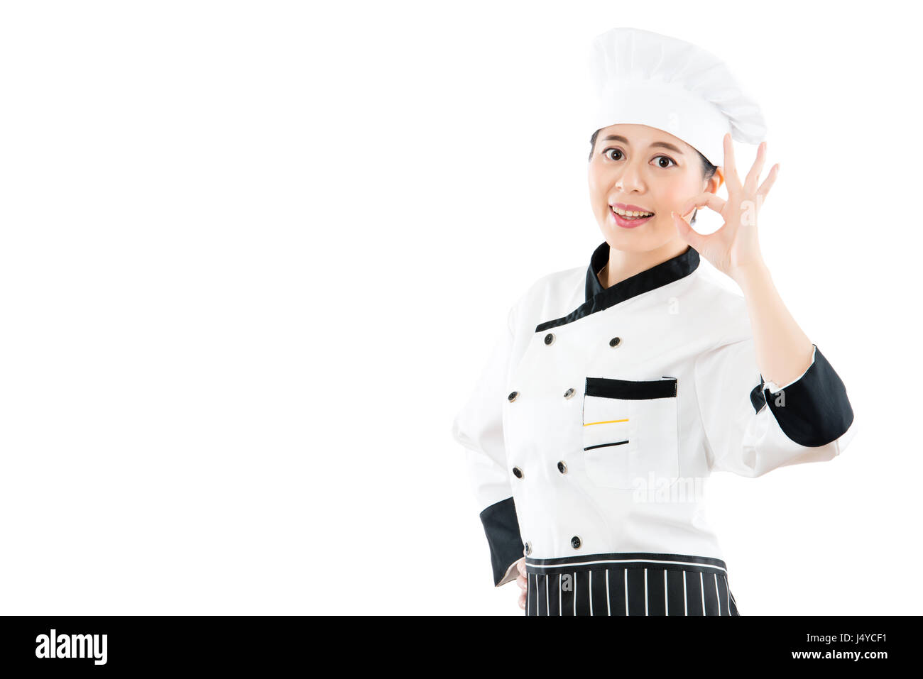 Chef baker or cook showing ok hand sign for perfection. Woman chef ...