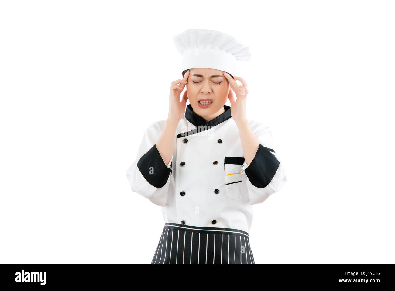 Chef headache and stress at work. Woman baker or cook tired stressed ...