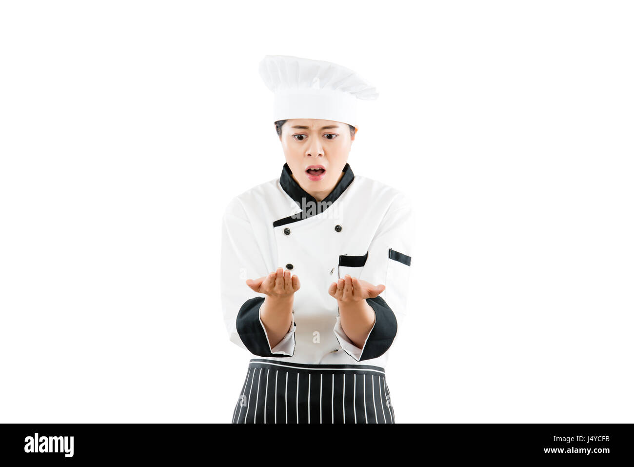 pretty asian chinese woman cook look at her food project and feel ...