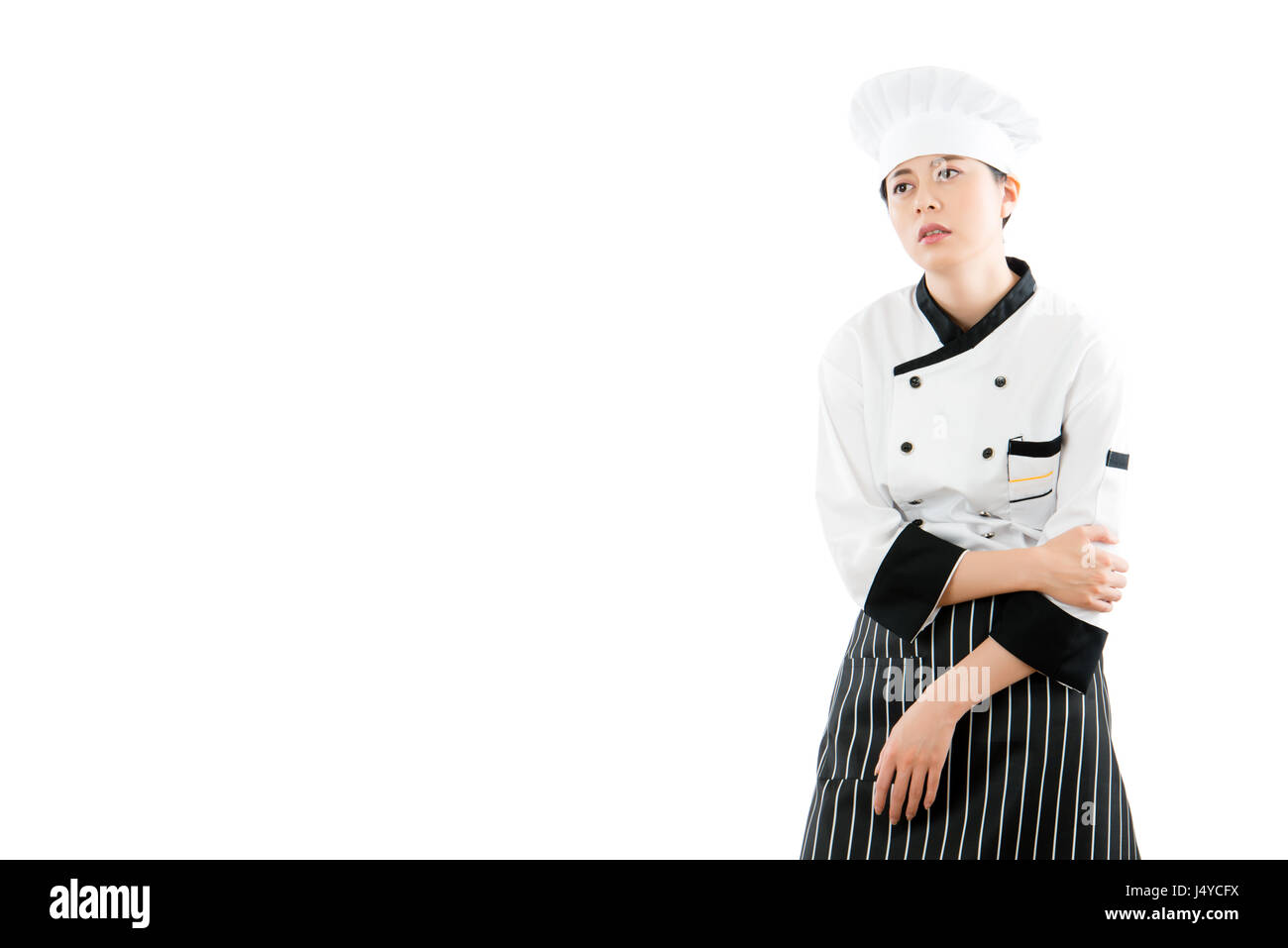 tired asian woman chef working for all day long and feel arm hands ...