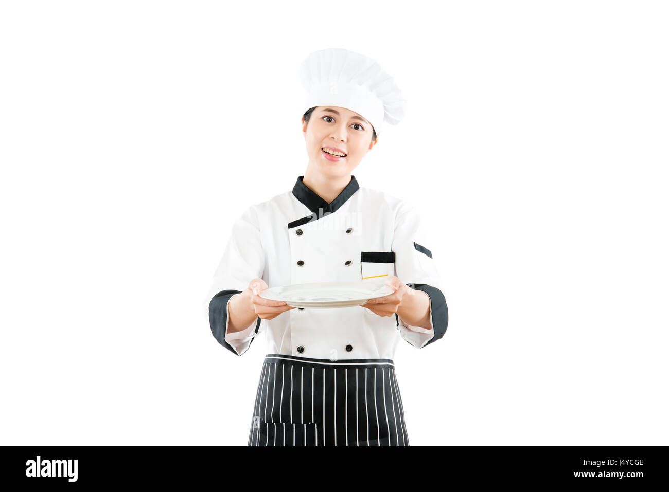 restaurant female chef introducing gesture the latest dish food in the ...