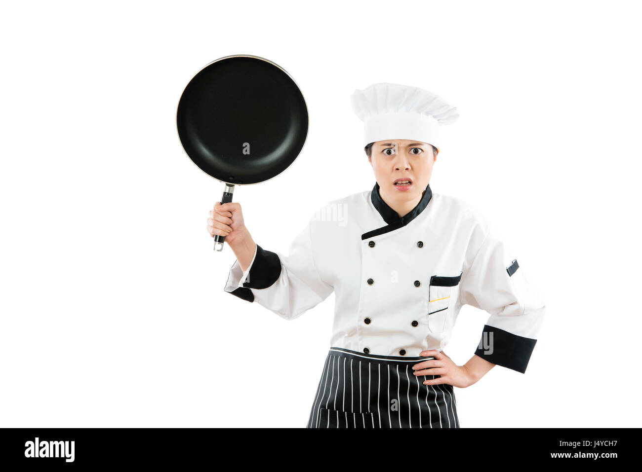 the chef of the hotel restaurant is angry to face the lens with the pan ...