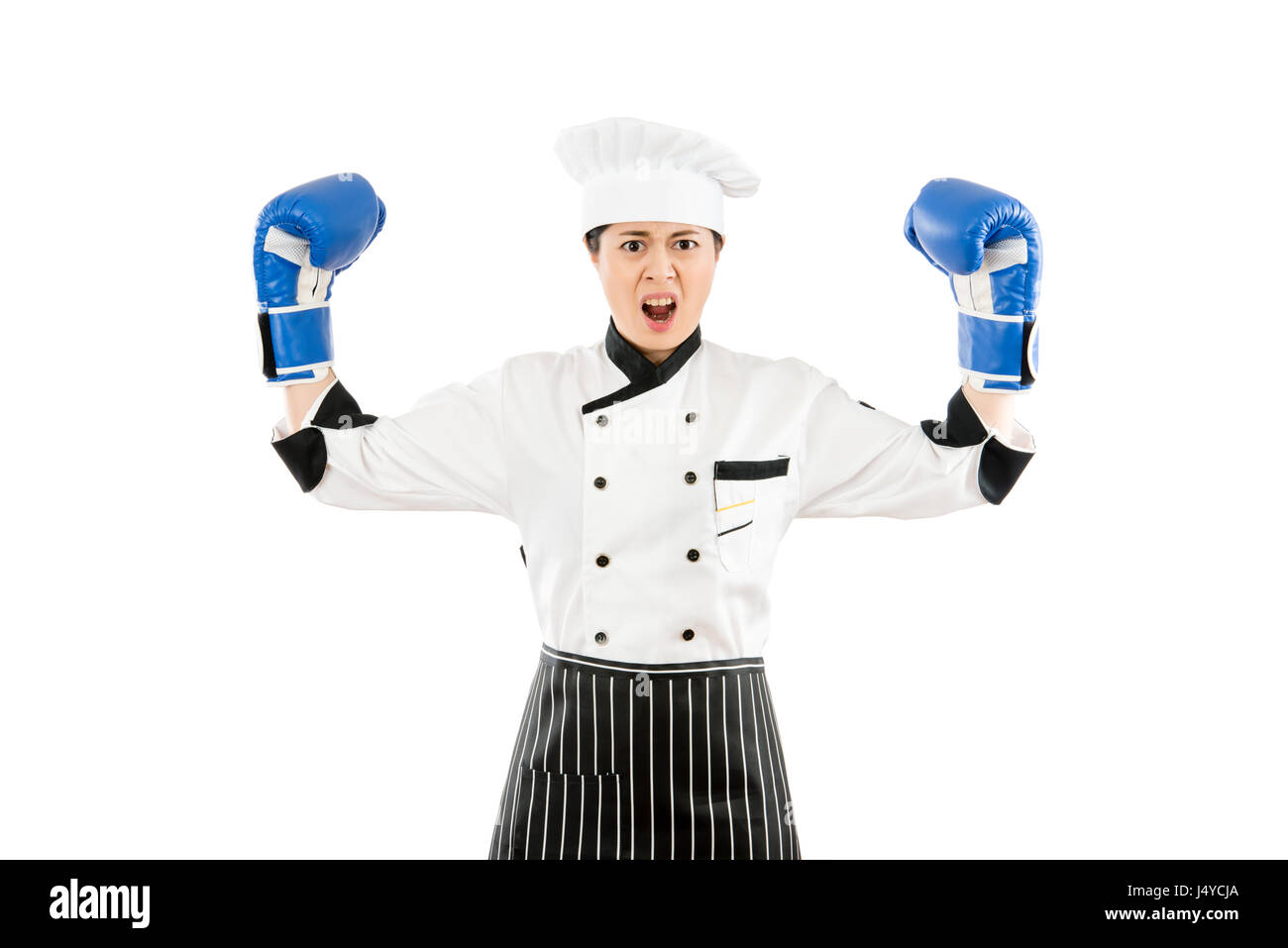 strong aggressive cooking chef woman concept. chef cook wearing boxing ...