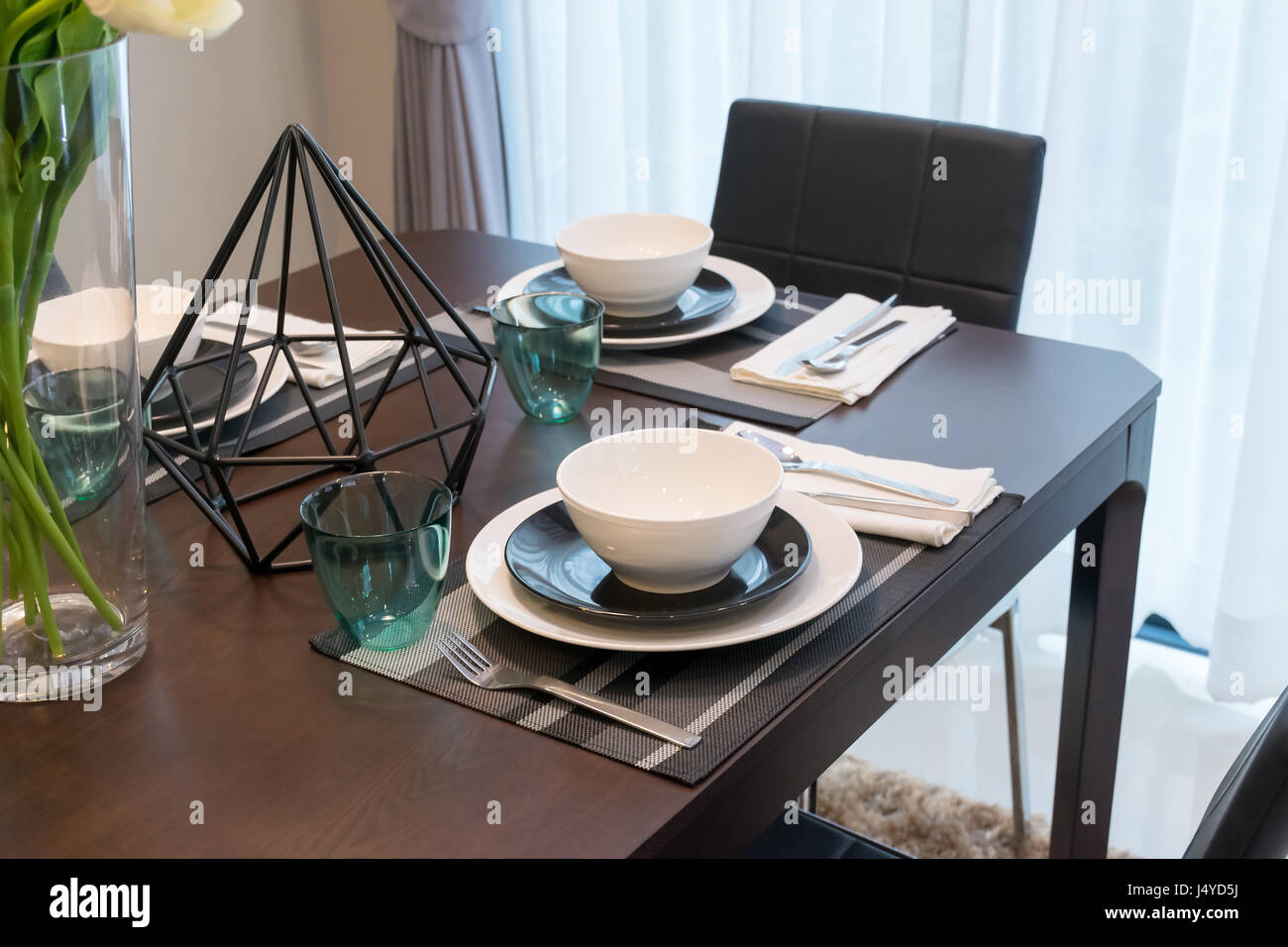 table set on wooden table at home Stock Photo - Alamy