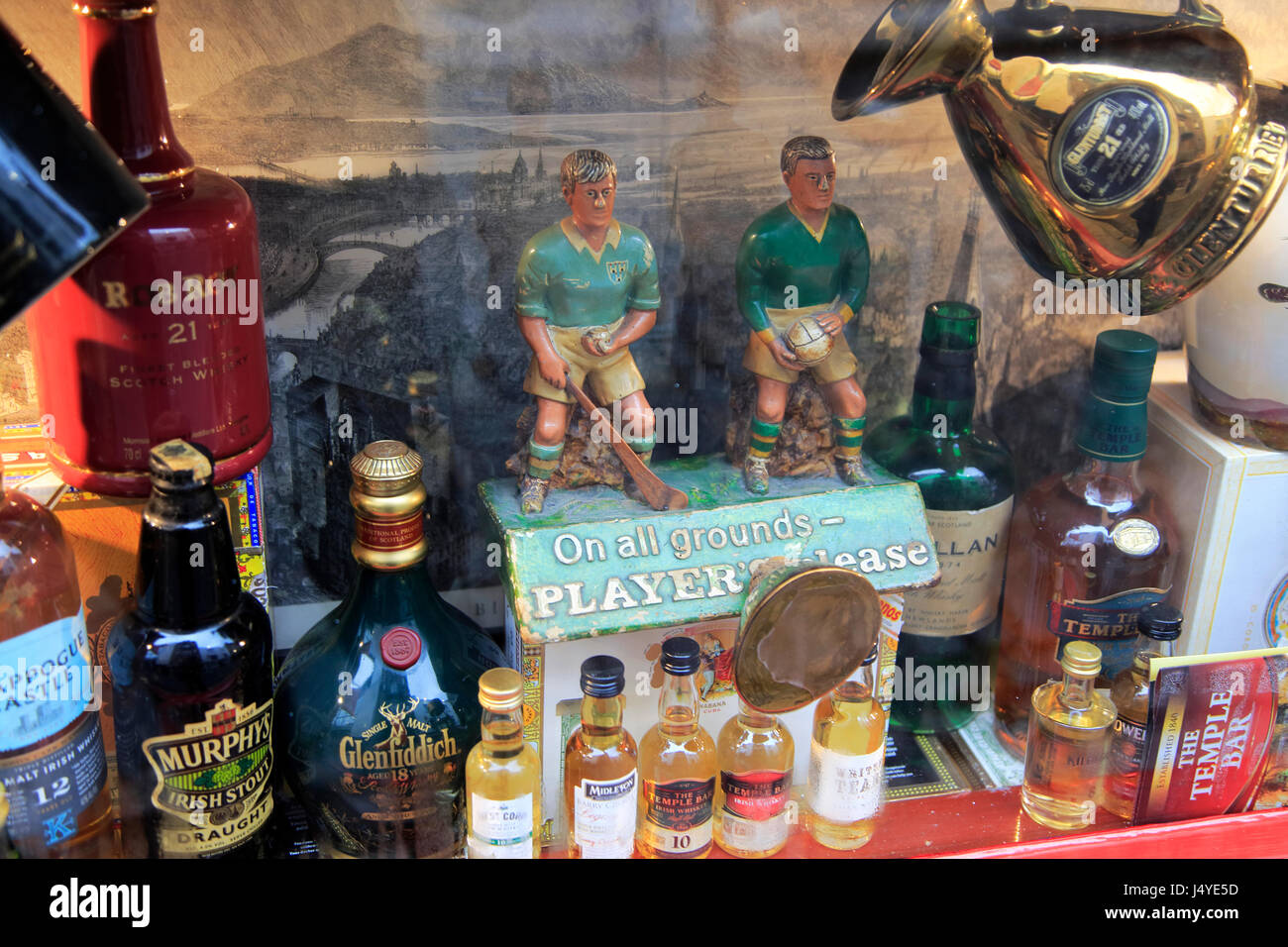 Window display cultural pub items and bottles, the Temple Bar, city of ...