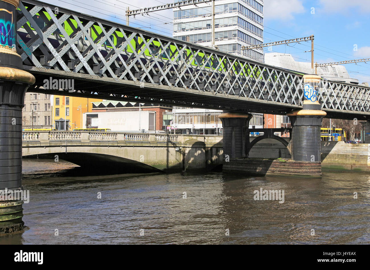 Loopline rail bridge or Liffey viaduct spanning river from Pearse ...