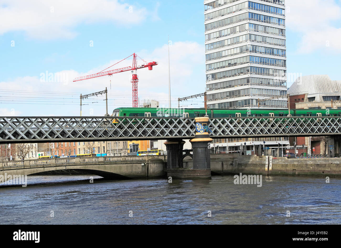 Loopline rail bridge or Liffey viaduct spanning river from Pearse ...