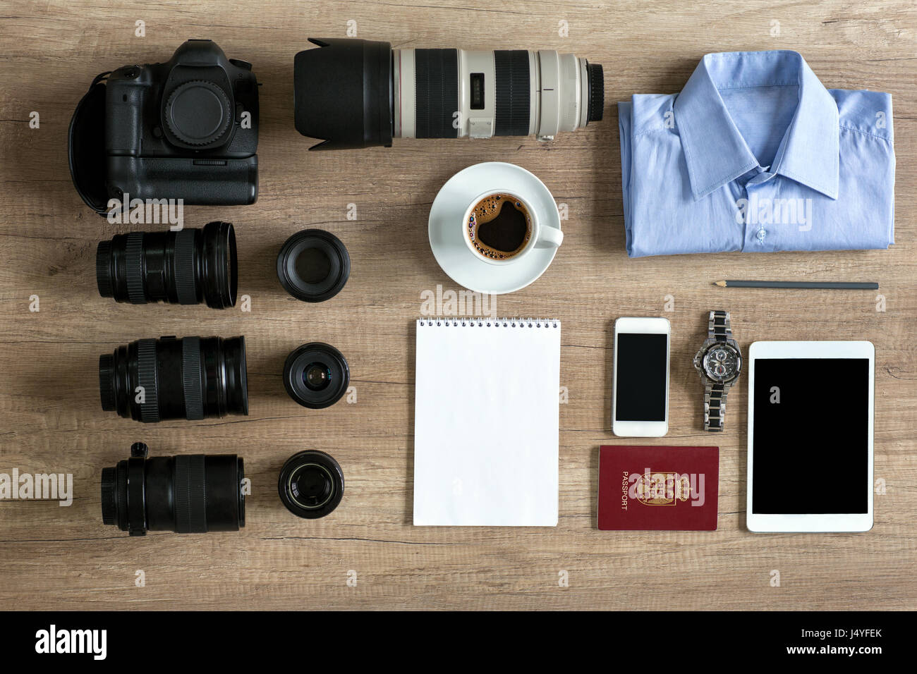 photographer preparation for travel background Stock Photo - Alamy