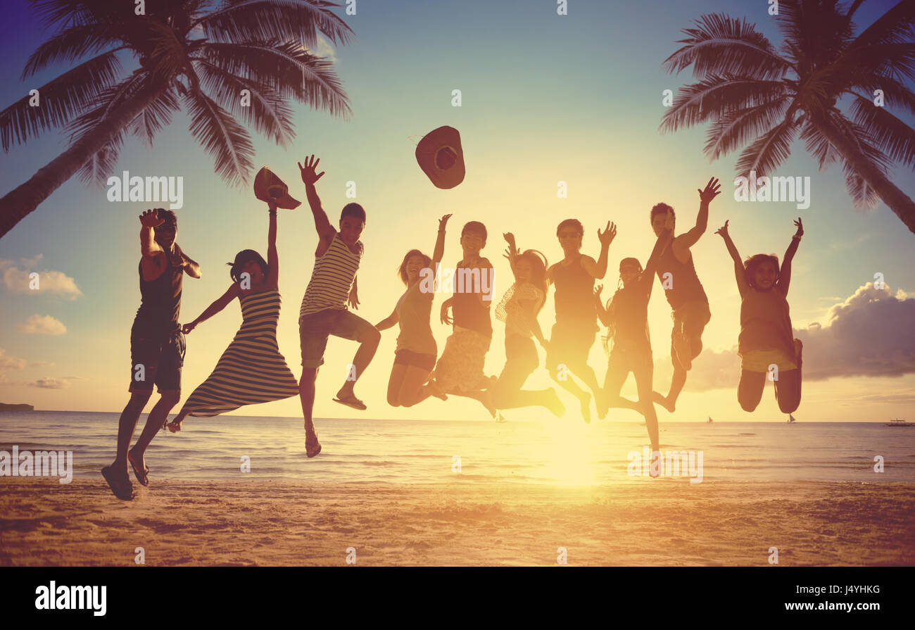 Happy friends sunset jump friendship hi-res stock photography and ...