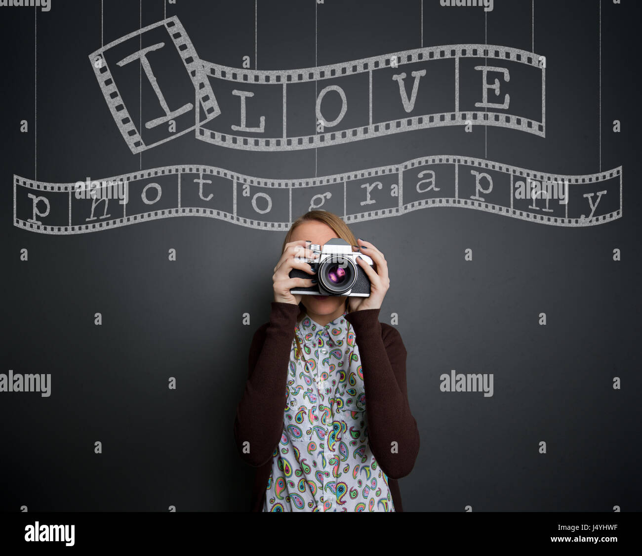 Photographer with retro photo camera, concept I love photography Stock ...