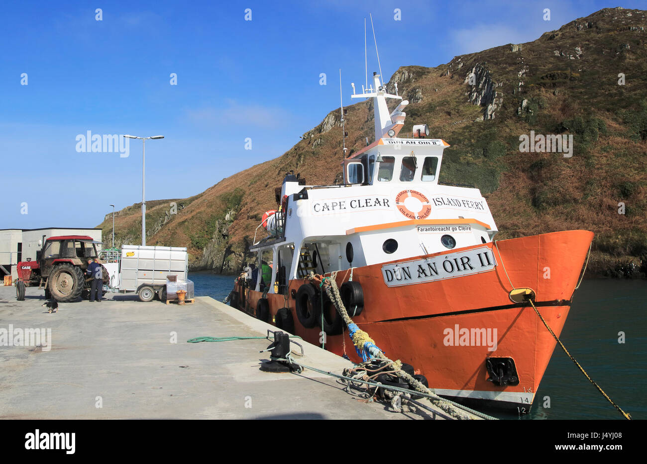 Ferry boat at quayside, North harbour, Cape Clear Island, County Cork ...