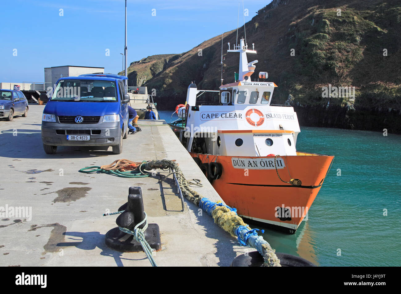 Ferry boat at quayside, North harbour, Cape Clear Island, County Cork ...