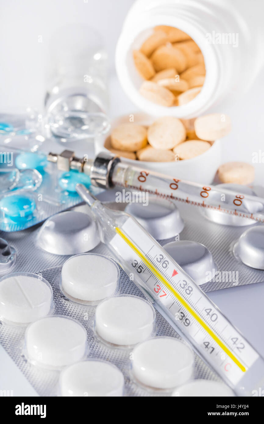 background, a variety of medical drugs and syringe closeup Stock Photo ...