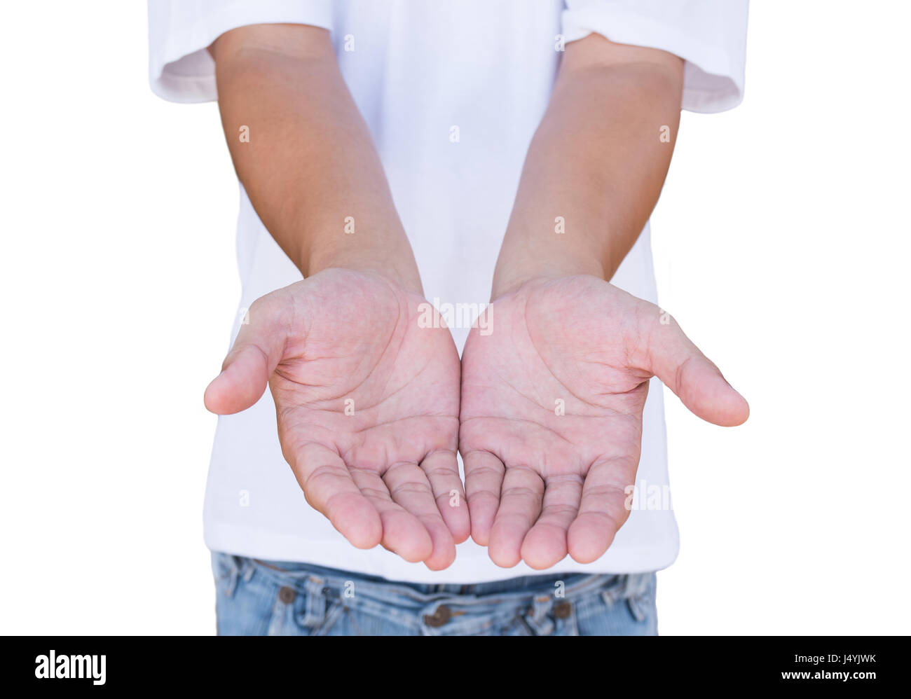 Young man giving empty hand with clipping path Stock Photo - Alamy