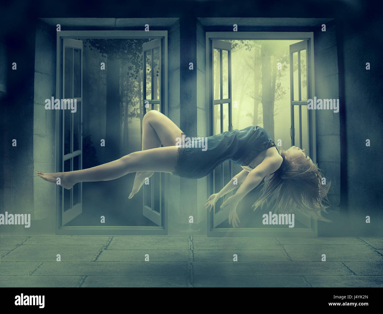 Levitation portrait young woman in her house. Lady floating girl flying ...