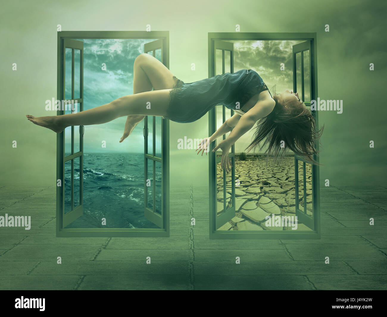 Levitation portrait young woman in her house. Lady floating girl flying ...