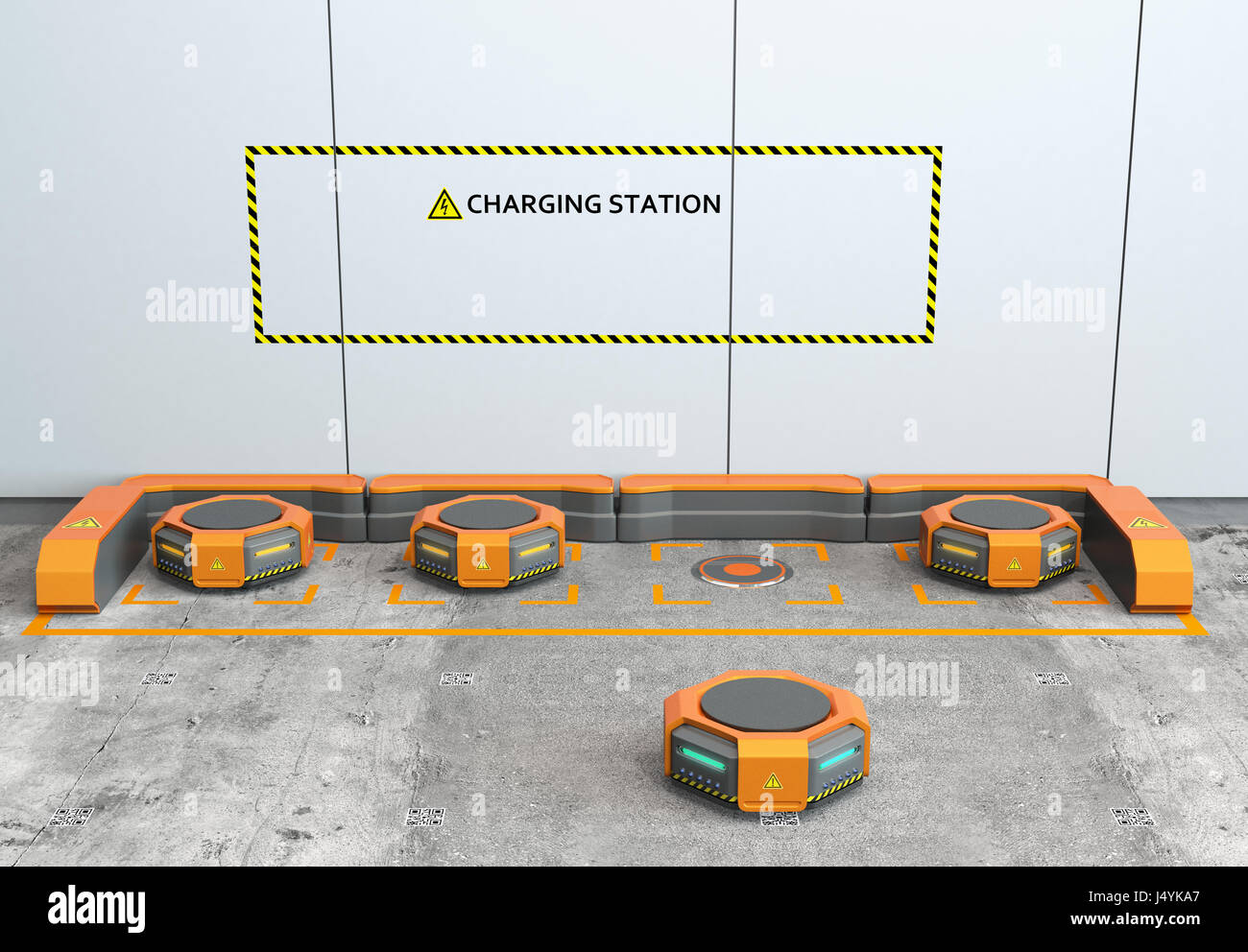 Warehouse robots charging at charging station. Advanced warehouse ...