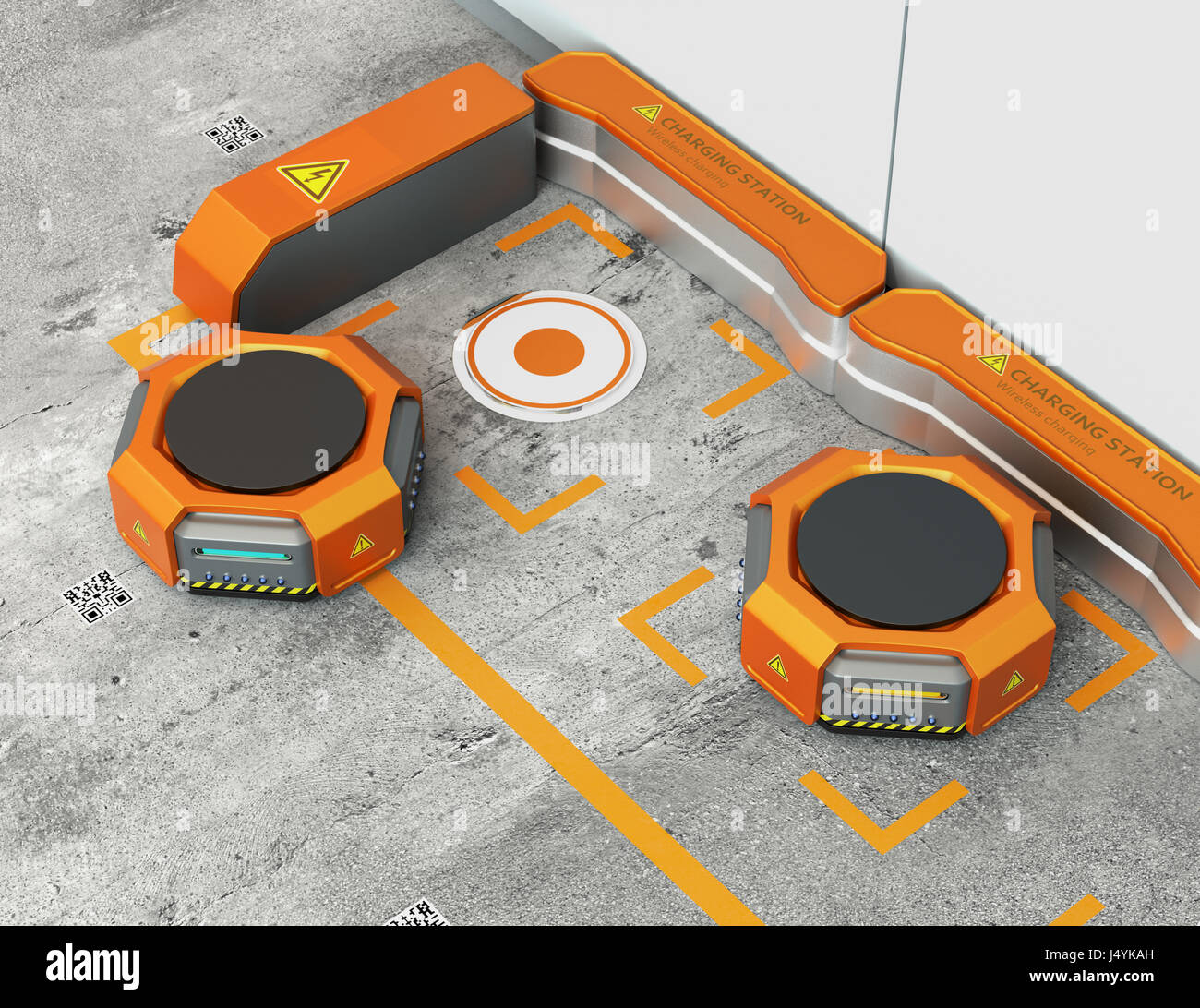 Warehouse robots charging at charging station. Advanced warehouse ...