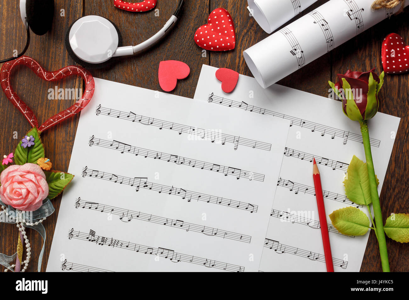 Top view valentines day love song music background and decorations ...