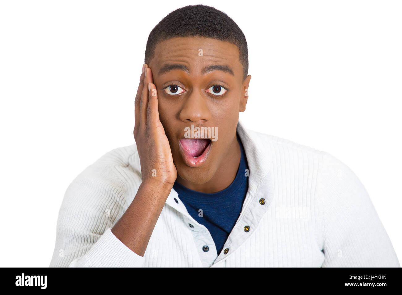 Closeup portrait happy young handsome man looking shocked surprised in ...