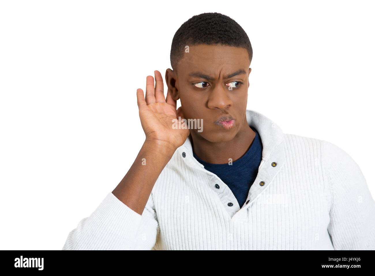 Headshot curious young man listening to conversation news eavesdropping ...