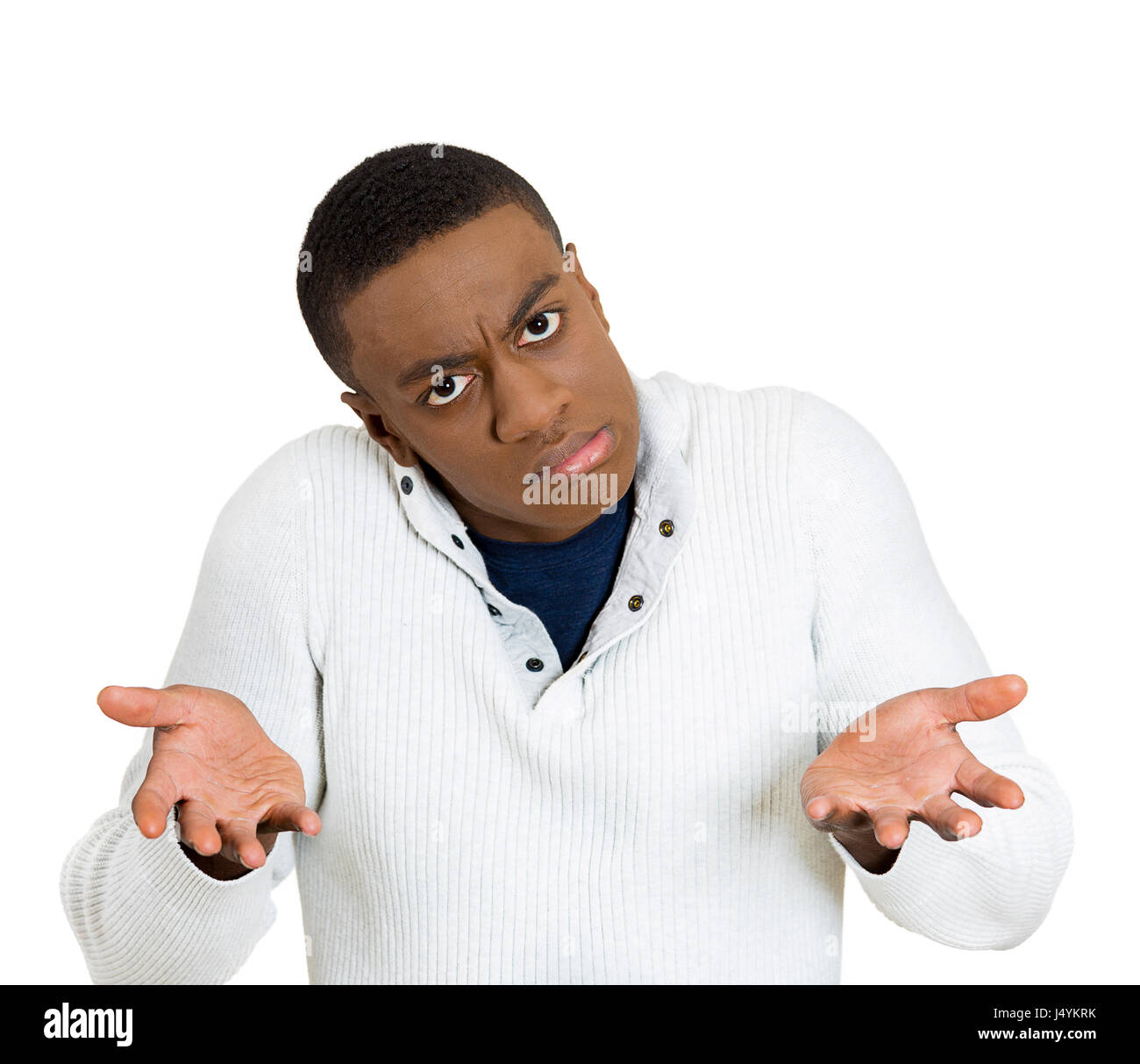 Closeup portrait of dumb clueless young man, arms out asking why what's ...