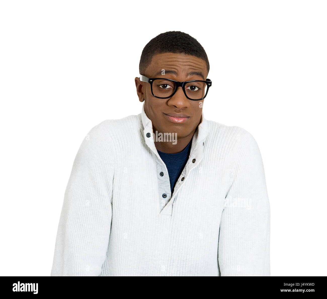 Closeup portrait, dazed, nerd young man with big glasses messed on face ...