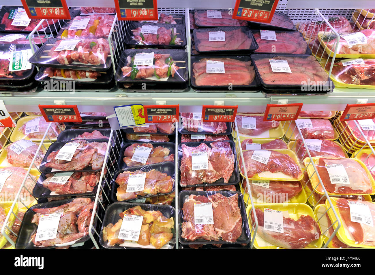 Beef steak red meat on display in a butchers shop Stock Photo - Alamy