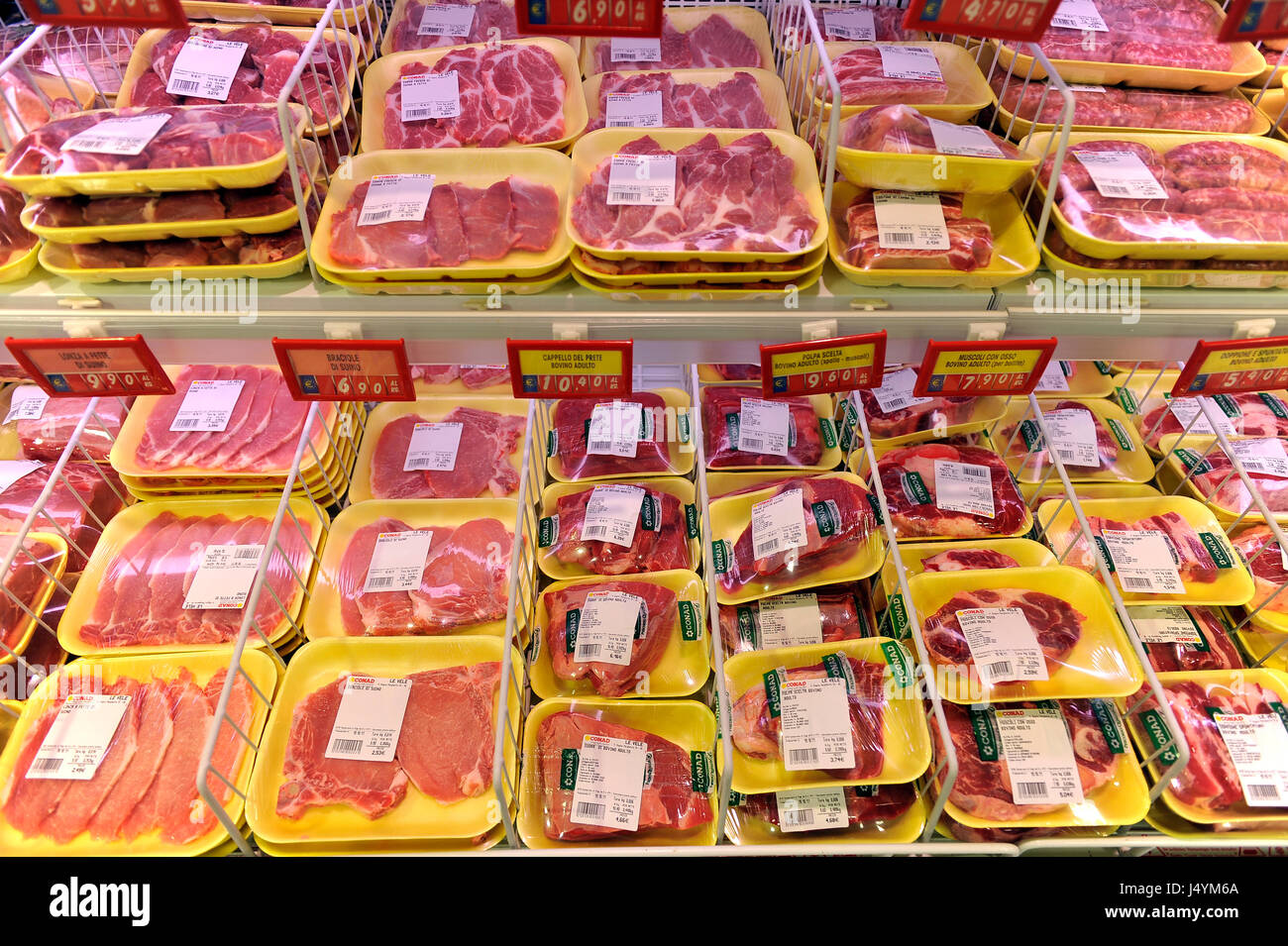 Beef steak red meat on display in a butchers shop Stock Photo - Alamy